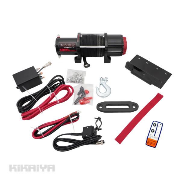 ●DC12Vバッテリーに繋げて使用する、電動ウインチです●有線コントローラー・無線コントローラーが付いているので、本体から離れてのコントロールが可能です●シンセティック（合成）ロープは引っぱりに強く、軽くて扱い易いです●クラッチノブをOFF...