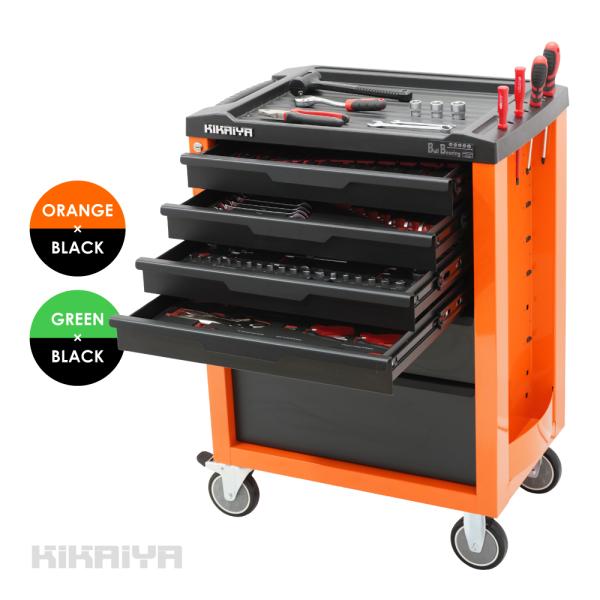 ●自動車や機械の整備に必要なツールとセットになった、ローラーキャビネットです●クロムバナジウム鋼を使用した工具や、絶縁ドライバーなど多彩なツールラインナップ●キャビネットはツートンカラーで、艶ありボディとブラックの引出しが目を引きます●工具...