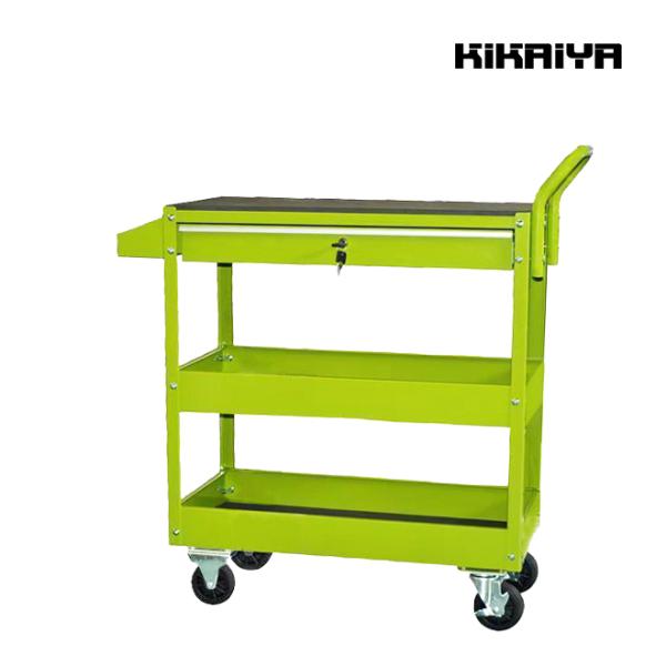 ※画像の『ブラック』は販売終了しました『ライトグリーン』のみの販売になります●DIYやガーデニングなど、便利で使いやすい3段のワーキングカートです●一番上の天板部分は簡単な作業台としても使え、天板、各トレイにはゴムシートが付いています●キー...