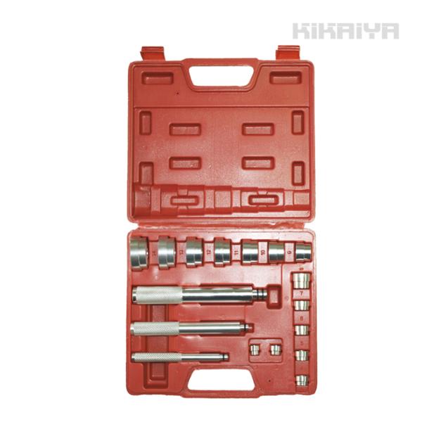 【仕様・状態】■セット重量:800g■材質:アルミニウム製 ■ケース外寸(閉じた状態):230×210×55mm【商品説明】・ベアリングやブッシュ、シールの挿入などに便利な工具セット ・専用収納ケース付 ・14個のアダプターで、表と裏の21...