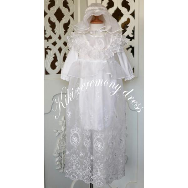 退院、お宮参り、少しおめかししたい時にkikiのセレモニードレスは、いかがですか。裾いっぱいに広がる可愛いチューリップ柄のオーガンジーレースを使用したロングチュールドレスです。ロング丈を好まれる方に最適な80cmの長さです。日本製ならではの...