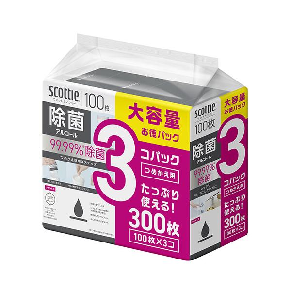 お肌に優しい除菌用ウェットティッシュ。購入単位：1パック配送種別：在庫品Yahoo 通販 4901750771379 1M9591 日本製紙クレシア ウェットティシュー 除菌アルコール 詰替 100枚×3個入 クレシア スコッティ ウェット...