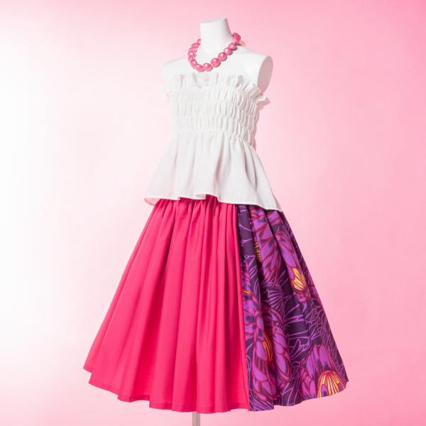 アシンメトリー（左右非対称）のパウスカートです。生地を4ヤード使い、東北被災地の工房で縫っています。レッスン場でパッと人目をひく鮮やかなフューシャピンクと、上品なプロテア柄が人気です。■丈の目安67cm：身長145〜153cm72cm：身長...