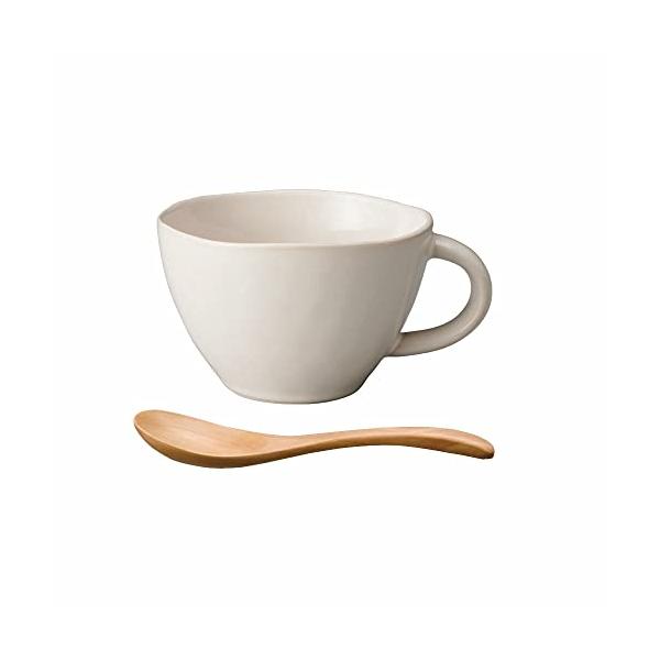 洋食器・ホワイト  23075・・Color:ホワイト・カップサイズ:口径12×高さ7.7、幅14.7cm、スプーンサイズ:長さ15.5×幅4cm・本体重量:380g・スープカップ素材:ストーン、スプーン素材:天然木(クヌギ)・原産国:中国...