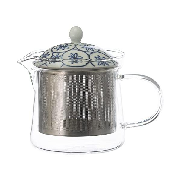 ・ブルー 小 20498・・Size:小PatternName:04.花籠・商品サイズ:約9.5×9.5×12cm・商品重量:0.25kg・容量:約425ml・素材:本体-ガラス 陶蓋-磁器 茶こし-ステンレス