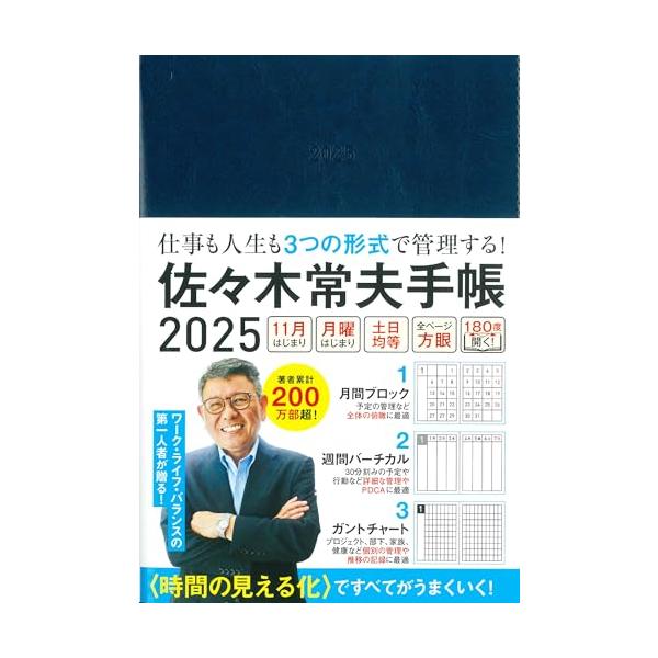 佐々木常夫手帳の2025年版が登場全ページ方眼のシンプルなA5サイズの手帳です。基本的な特長は以下になります。  ・2024年11月~2026年1月まで15ヵ月間 ・月曜始まり、土日均等タイプ ・「月間ブロック」は1日~31日まですべて同サ...