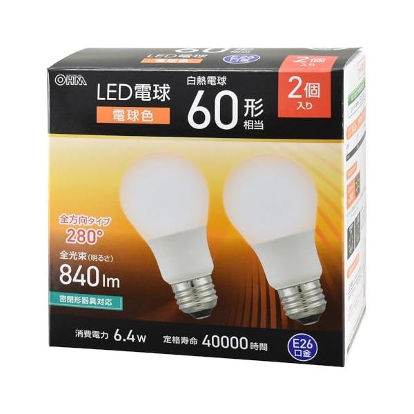 2個入電球色/60形/LDA6L-G AG59 2P・Size:60形Style:2個入Color:電球色・パッケージ個数:1・【 特 長 】　全光束840ルーメン、白熱電球60形相当の明るさ　光の広がり約280°の全方向タイプ 　密閉形器...