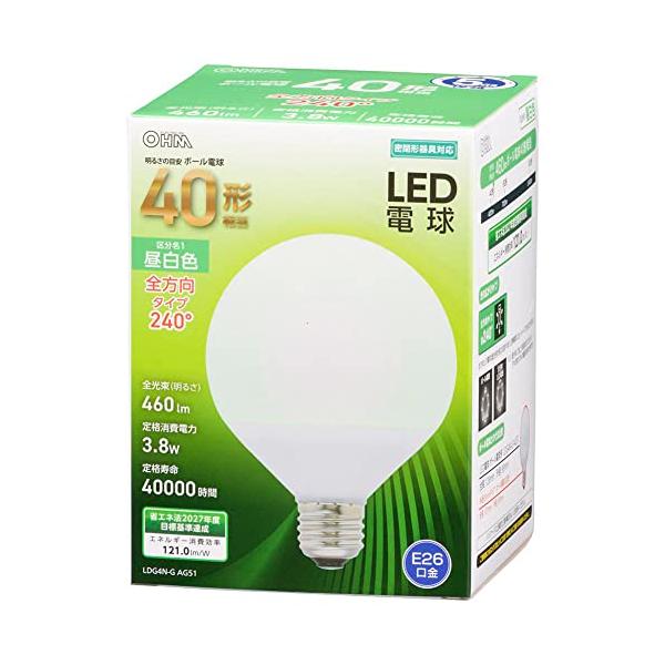 昼白色/40形/LDG4N-G AG51・Color:昼白色Size:40形・パッケージ個数:1・【 特 長 】 ボール電球40形相当 光の広がり約240°全方向タイプ 密閉形器具対応 LED5年対象商品 昼白色 口金E26・【 仕 様 】...
