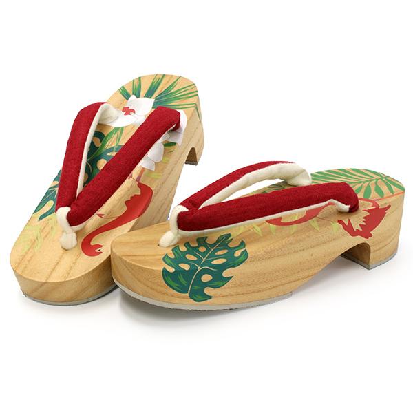 【商品内容】下駄 右近　【鼻緒色柄詳細】赤色の無地　【台詳細】台の形：右近　上から見ると小判型、横から見ると土踏まずの部分がくりぬかれた形になっています。　台はイエローベージュ、フラミンゴと南国の草花が描かれています。　　【品質】鼻緒表地：...