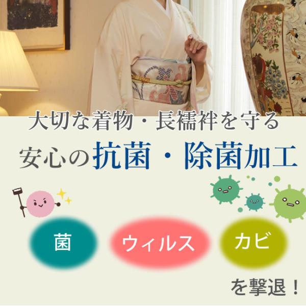 大切な着物・長襦袢に安心の加工を　除菌・抗菌加工　　クリーニングをする時に一緒にできるおすすめの加工です。　クリーニング（丸洗い）時に特別に開発された水溶性の溶剤を入れて加工します。　ご注文の流れ/クリーニングと一緒に同時購入してください。...