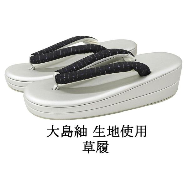 商品説明 大島紬生地を鼻緒に使用した草履です。正絹生地が使われたおしゃれなデザインの鼻緒。小紋や紬などのカジュアル着物と相性の良い草履です。柄の出具合が画像と若干違う場合があります。色・柄台 シルバーホワイト/エナメル調鼻緒 墨黒・青・灰白...