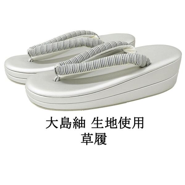 商品説明 大島紬生地を鼻緒に使用した草履です。正絹生地が使われたおしゃれなデザインの鼻緒。小紋や紬などのカジュアル着物と相性の良い草履です。色・柄台 シルバーホワイト/エナメル調鼻緒 紺色・オフホワイト・薄黄 他／横縞模様サイズサイズ 長さ...