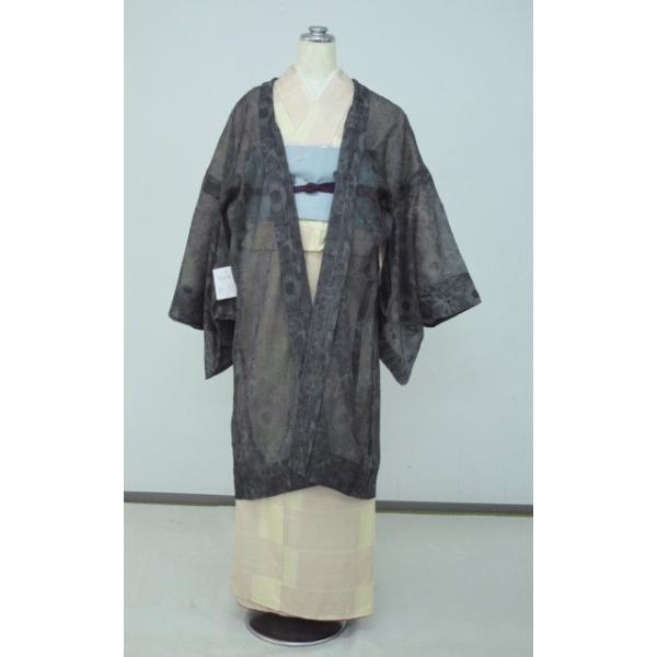 春夏に１枚あると重宝する長羽織ですオーガンジー風ですのでお着物が透けて見え軽い羽織です膝くらいまである長さなのでいつものお着物に変化が付いて、また着た感じはすっきりして素敵なアイテムです＜素材＞ポリエステル＜サイズ＞身丈１００ｃｍ　袖丈４７...