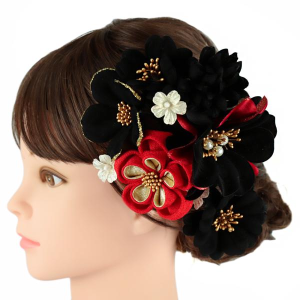 髪飾り 成人式 振袖 前撮り 袴 花 菊 2点セット 花 赤 黒 ブラック 金 ちりめん つまみ細工 ベロア調 異素材 ミックス パール ビーズ ラメ 大きい 小さい かんざし 簪 和装 大人 大人可愛い 可愛い 粋 日本製 お洒落 卒業式...