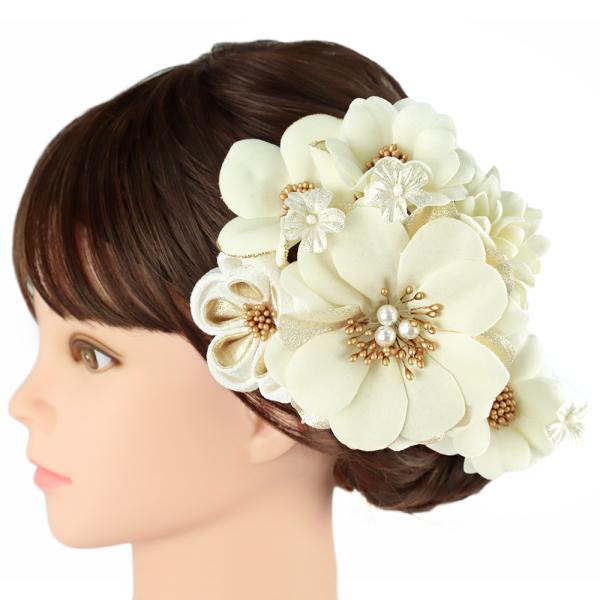 髪飾り 成人式 振袖 前撮り 袴 花 菊 2点セット 花 白 オフホワイト 生成り 金 ちりめん つまみ細工 ベロア調 異素材 ミックス パール ビーズ ラメ 大きい 小さい かんざし 簪 和装 大人 大人可愛い 可愛い 粋 日本製 お洒落...
