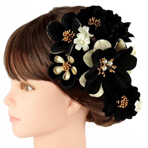髪飾り 成人式 振袖 前撮り 袴 花 菊 2点セット 花 黒 ブラック 金 ちりめん つまみ細工 ベロア調 異素材 ミックス パール ビーズ ラメ 大きい 小さい かんざし 簪 和装 大人 大人可愛い 可愛い 粋 日本製 お洒落 卒業式 結...
