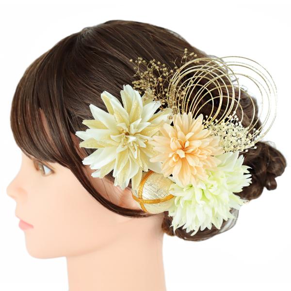 髪飾り 成人式 花 振袖 前撮り 袴 花 菊 カスミソウ 7点セット 白 オフホワイト 金 玉飾り 水引 造花 ワントーンカラー トレンド 華奢 Ｕピン かんざし 簪 小さい 大人 大人可愛い 可愛い 粋 日本製 お洒落 卒業式 結婚式 入...