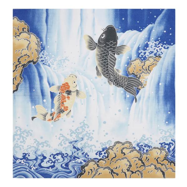 風呂敷 日本製 50cm幅 中巾 鯉 コイ 鯉のぼり 鯉の滝登り 魚 波 海 川 流水 水 青 水色 白 オフホワイト 黄色 和柄 有職 縮小風呂敷 綿100％ 粋 モダン 北欧 テーブルクロス インテリア スカーフ リメイク タペストリー...