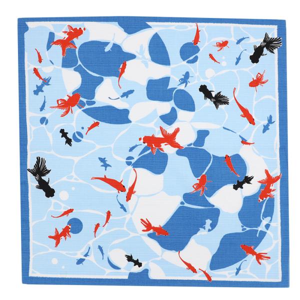 風呂敷 日本製 50cm幅 中巾 水色 青 金魚 出目金 魚 水 流水 池 夏 揺らめき涼夏 和柄 有職 縮小風呂敷 綿100％ 粋 モダン 北欧 テーブルクロス インテリア スカーフ リメイク タペストリー ワイン包装 ペットキャリー プ...