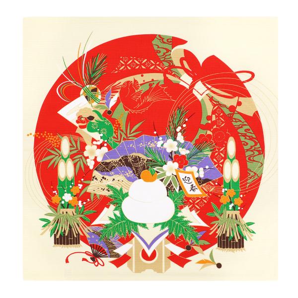 風呂敷 日本製 50cm幅 中巾 お正月 お餅 鏡餅 お祝い 竹 門松 松飾り 笹 羽子板 リボン 鯛 梅 扇子 初日の出 太陽 獅子舞 冬 和柄 有職 縮小風呂敷 綿100％ 粋 モダン 北欧 テーブルクロス インテリア スカーフ リメイ...