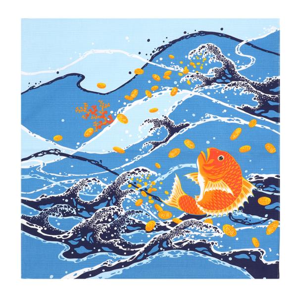 風呂敷 日本製 50cm幅 中巾 鯛 タイ 魚 サカナ 海 波 流水 釣り 縁起物 お祝い 鯛小判 小判 お金 サンゴ 珊瑚 有職 縮小風呂敷 綿100％ 粋 モダン 北欧 テーブルクロス インテリア スカーフ リメイク タペストリー ワイ...
