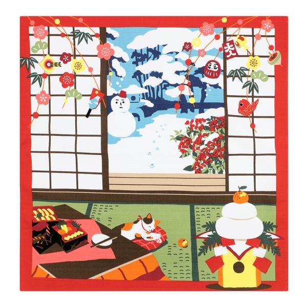 風呂敷 日本製 50cm幅 中巾 梅 ウメ うめ 花 松 笹 三毛猫みけの夢日記 みけの初夢 1月 三毛猫 みけねこ ネコ ねこ 猫 雪 お餅 鏡餅 お正月 雪だるま ふすま 凧 駒 こま コマ 畳 こたつ コタツ だるま 達磨 綿100％...