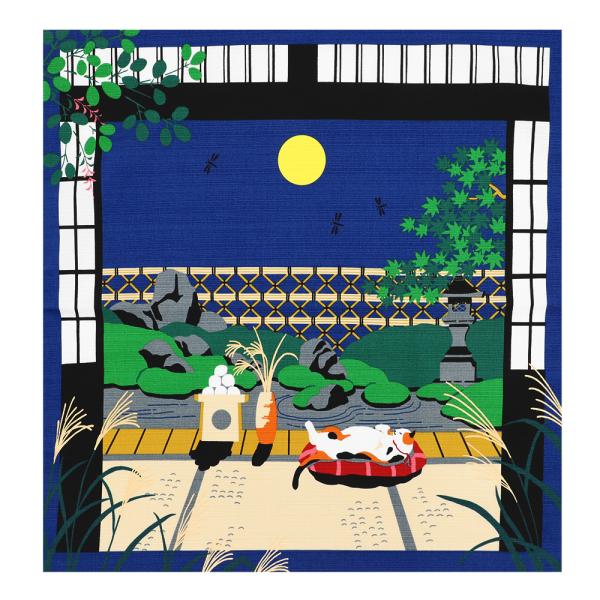 風呂敷 日本製 50cm幅 中巾 三毛猫みけの夢日記 みけとお月様 9月 お月見 団子 月 笹 とんぼ トンボ ススキ すすき 竹 三毛猫 みけねこ ネコ ねこ 猫 綿100％ 粋 モダン 北欧 テーブルクロス インテリア スカーフ リメイ...