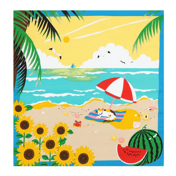 風呂敷 日本製 50cm幅 中巾 三毛猫みけの夢日記 みけの夏休み 8月 ひまわり ヒマワリ 向日葵 スイカ すいか 海 ビーチ ヤシの木 珊瑚 サンゴ カモメ かもめ カニ 蟹 三毛猫 みけねこ ネコ ねこ 猫 綿100％ 粋 モダン 北...