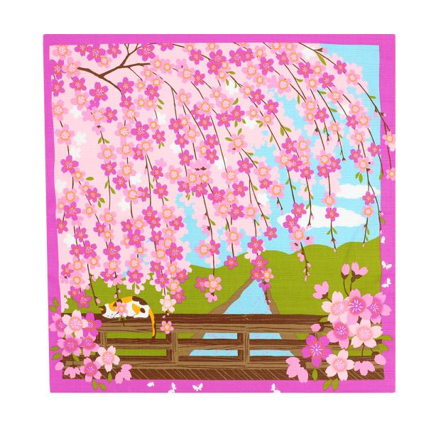 風呂敷 日本製 50cm幅 中巾 三毛猫みけの夢日記 みけのお花見 4月 桜 さくら サクラ しだれ桜 お花見 川 橋 空 春 三毛猫 みけねこ ネコ ねこ 猫 綿100％ 粋 モダン 北欧 テーブルクロス インテリア スカーフ リメイク ...