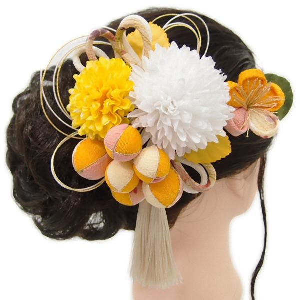 髪飾り 成人式 振袖 袴 2点セット 黄色 白 赤 玉飾り ちりめん つまみ細工 房付き ヘアアクセ 洋花 かんざし 簪 和装 法被 ヘッドドレス 卒業式 結婚式 入園式 卒園式 謝恩会 七五三 浴衣 お祭り パーティー No.9-4166...