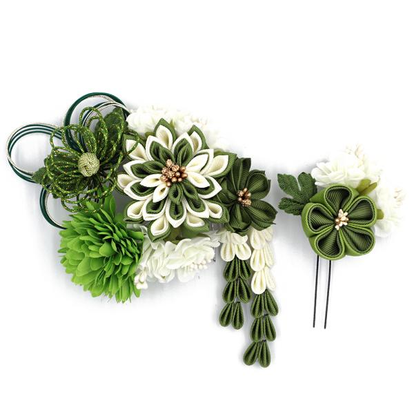 髪飾り 成人式 振袖 2点セット 緑 黄緑  白 金 つまみ細工 剣つまみ　さがり 水引  和柄 ビーズ コーム Uピン  和小物 着物 和装小物 レトロ 和風 お洒落 ヘアアレンジ No.9-5364■詳細　・2点セット　・つまみ細工 ・...