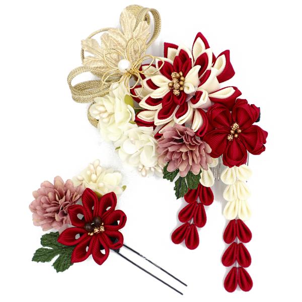 髪飾り 成人式 振袖 2点セット 赤 白 緑 金 つまみ細工 剣つまみ さがり 水引 玉飾り 組紐 和柄 ビーズ コーム Uピン  和小物 着物 和装小物 レトロ 和風 お洒落 ヘアアレンジ No.9-5479■詳細　・2点セット　・つまみ...