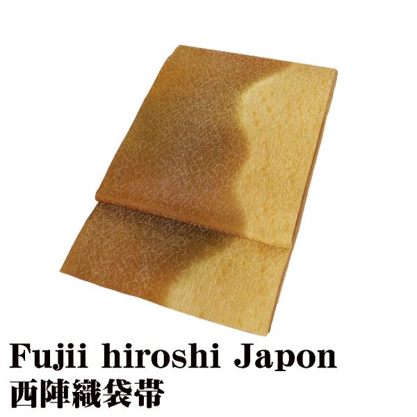 商品 Fujii hiroshi Japon西陣織袋帯金茶：地割れ模様、山吹色：杢目絞り　全通仕立て上がり生地表地：正絹寸法長さ約460cm幅約31cm　（実寸ですが多少の測り間違いはご了承下さい）用途付下げ・訪問着用にいかがですか。小物に...
