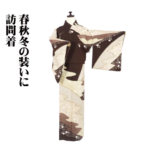 訪問着　袷　丹後縮緬地濃茶紫（似紫色）・緑（麹塵色）・ベージュ（桑の実色）暈し地絞り梅・鹿の子杢目絞り165　広襟　生地表地：正絹　胴裏地：正絹　八掛：正絹寸法身丈：約165cm（肩上から裾までの採寸）身丈：約162cm（背筋後襟下より裾ま...
