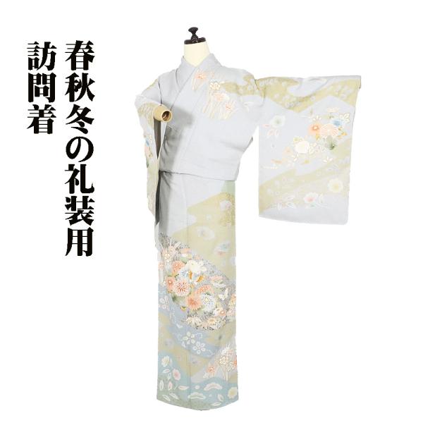 商品 京友禅訪問着　袷　丹後縮緬地　薄グレー（淡藤色）・薄緑（白緑色）・抹茶色（抹茶色）・金箔地松皮菱松竹梅・菊・蝶・水仙・辻が花164　広襟　仕付け付き生地表地：正絹　胴裏地：正絹　八掛：正絹寸法身丈：約164cm（肩上から裾までの採寸）...