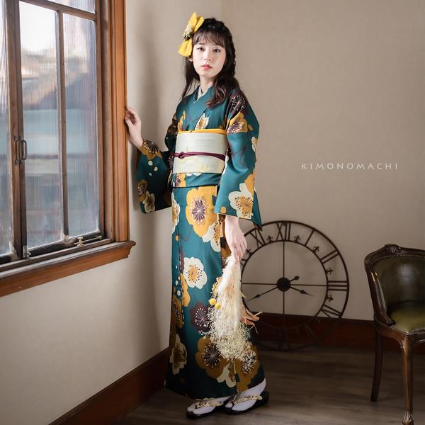 KIMONOMACHI 洗える着物 セット 袷「袷着物:梅 青緑+京袋帯 KIMONOMACHI 洗える着物 セット 袷「袷着物:梅 青緑+京袋帯