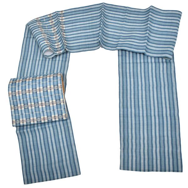 中古品)仕立て上がり 九寸名古屋帯 「紺 間道に菱繋ぎ」 開き仕立て 上