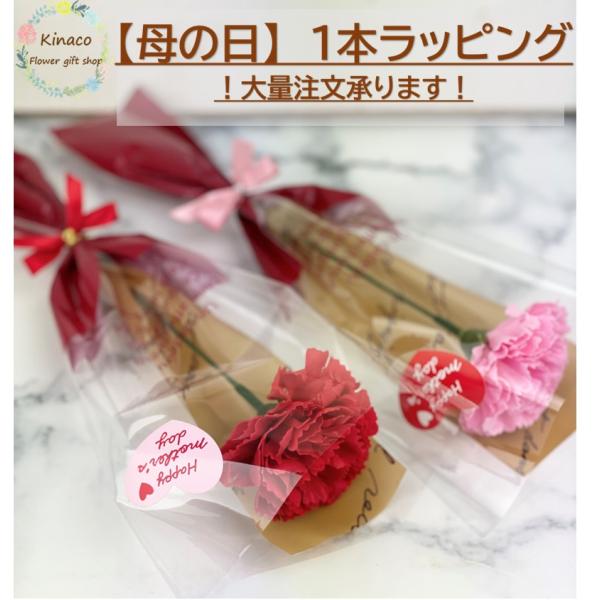【Kinacoオリジナル】母の日用のカーネーション1本ラッピングです！大量注文承ります！プチギフトやノベルティなど…イベントや企業様も喜んでお受け致しますので、お気軽にお問い合わせくださいませ。カラー・レッド・ピンク商品サイズ：約縦３0ｃｍ...