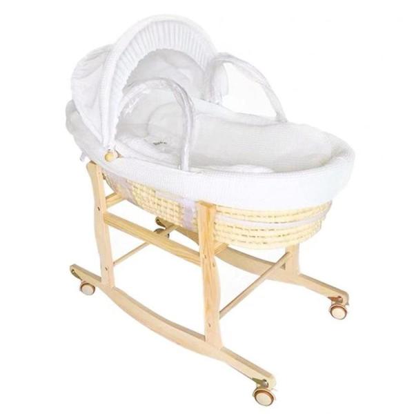 【製品仕様】重量/約7kg 荷重/約25Kg サイズ/上の図に示す【材質】トウモロコシ皮、小麦茎 、山草【セット内容・付属品】 前掛け、布団、海綿敷、日遮る棚、枕、蚊帳、木製クレードルボトムサポート、ホイール【配件材質】バスケット：トウモロ...