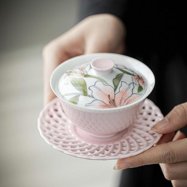 「手描き茶器」中国徳化県産 手描き茶器 「ユリ」百合 蓋碗 陶磁器 茶道具 中国茶器 台湾茶器