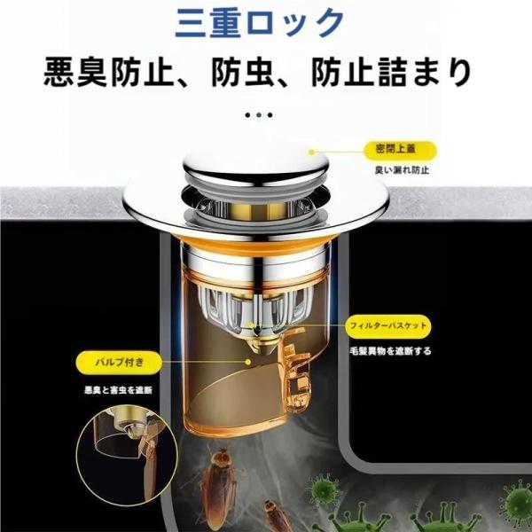 適用範囲：内径33.5mmで深さ52mmの排水口に適用しており防臭設計：重力の作用の下で防臭底蓋は自動で開閉することができて手軽な操作：一回ボタンを押すだけで簡単に排水栓の開閉することができます。特徴：防臭、防虫、目詰まり防止、速やかな排水...