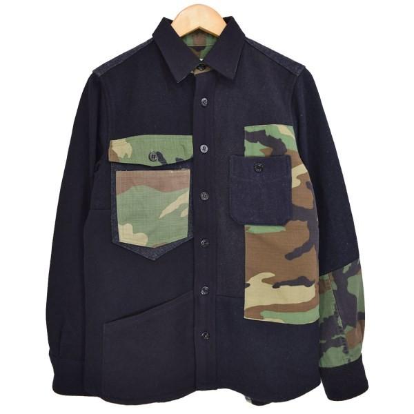 H．R．REMAKE パッチワークウールシャツ カモフラ 【色：ネイビー×カモ】 【サイズ：1】 【状態：Bランク】  ハリウッドランチマーケットリメイクのパッチワークウールシャツ カモフラです。