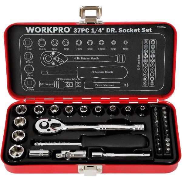 【メーカー名】WORKPRO【メーカー品番】W003059【商品名】WORKPRO ソケットレンチセット 差込角6.35mm 1/4インチ 37点組【商品内容】差込角6.35mm（1/4インチ）のツールセットです。クイックリリースラチェット...