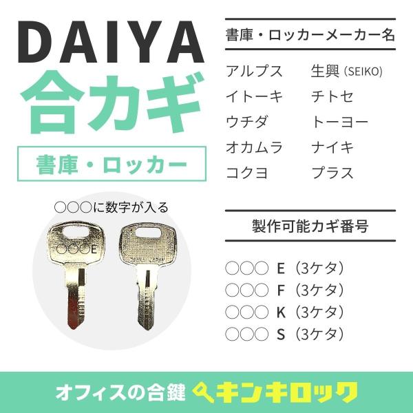 鍵穴に刻印されている番号(鍵番号)から作製可能です。※メーカー純正キーではございません。『対象鍵番号』・○○○E・○○○F・○○○K・○○○S※○に数字が入ります『対象メーカー』・DAIYA(ダイヤ)・アルプス・イトーキ・ウチダ・オカムラ・...