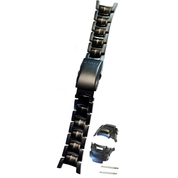 GW-700,GW-700BDJ用メタルバンド（ベルト）+接続部品・材質：ステンレス製・色：黒・重量80ｇ・接続部品（先環カバー、バンドピース、バネ棒）が付いています。・時計本体との接続用の長短ネジは付いていません。　既存のネジを流用してい...