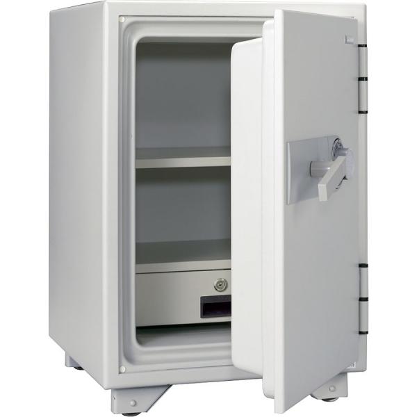 [種類]耐火金庫[外寸]幅455×奥行520×高さ677mm[内寸]幅325×奥行315×高さ490mm[容量]50リットル[重量]90kg[性能]一般紙用1時間耐火性能試験合格[付属品]棚板 1枚 鍵付引出し 1個 内寸:幅298×奥行2...