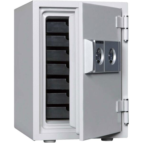 [種類]耐火金庫[外寸]幅346×奥行468×高さ509mm[内寸]幅226×奥行308×高さ366mm[容量]25リットル[重量]53kg[性能]一般紙用1時間耐火性能試験合格[付属品]引出し 7個 鍵 4本(右用2本、左用2本)[備考]...