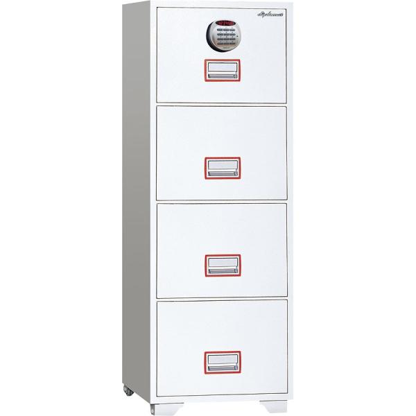 [種類]耐火キャビネット[外寸]幅528×奥行709×高さ1,466mm[容量]208リットル[重量]266kg[性能]警報機(アラーム)付き[付属品]ハンキングホルダー用レール 4本、仕切板 4枚[備考]引出段数 4段 (A4)※引出し有...