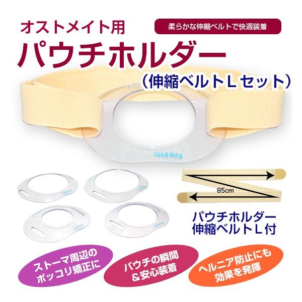パウチメーカ各社のパウチ固定用ベルトとは違います！装着いただければ、ストーマを取り囲む腹部全体の快適な圧迫感、安定感が実感できます。○ 楕円形のホルダーが、ストーマ周辺部を全周にわたり上からしっかり押さえます。○ パウチバッグと面板の間に装...
