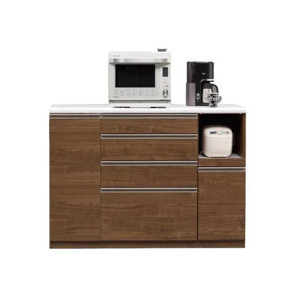 ■商品名：キッチンカウンター　セイント120ウォールナット■サイズ：W1390×D480×H1000mm ■天板：メラミン化粧板■本体：EB2コート強化化粧板  ■引出し 4（ソフトクローズレール）■開き扉 2（ソフトクローズ兆番）■スライ...